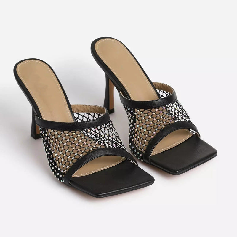 Lazada Square Head Mesh Slippers Women High Heels Sandals – Bloomjay